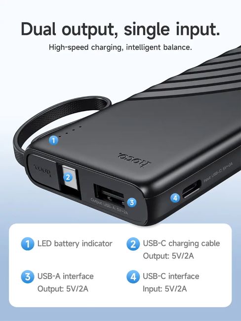 Hoco J129 Palm Size 5000 mAh Power Bank With Cable, USB-A and C ...