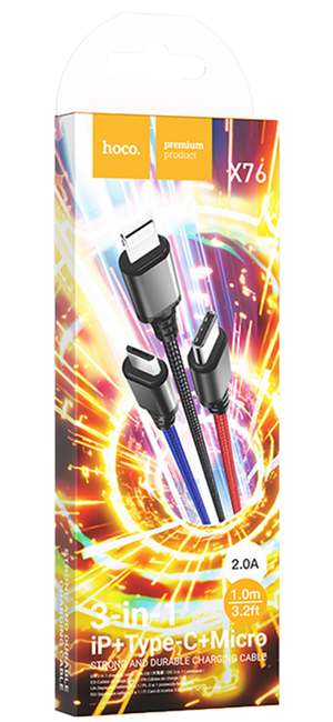 Hoco X76 3-In-1 Braided Super Charging Cable (iPhone+Type-C+Micro), BL ...
