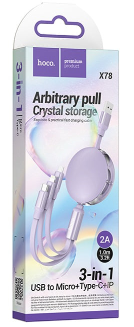 Hoco X78 3-In-1 Easy Pull Crystal Storage Charging Cable (Micro+Type-C ...