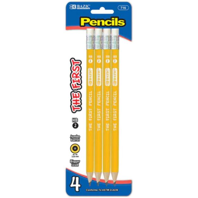 BAZIC No.2 Yellow 2HB Pencil, The First Jumbo Premium (4/pack ...